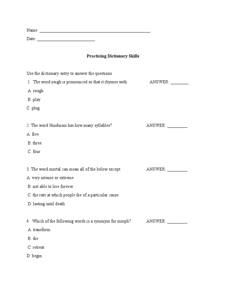 Dictionary Skills Practice Quiz | PDF