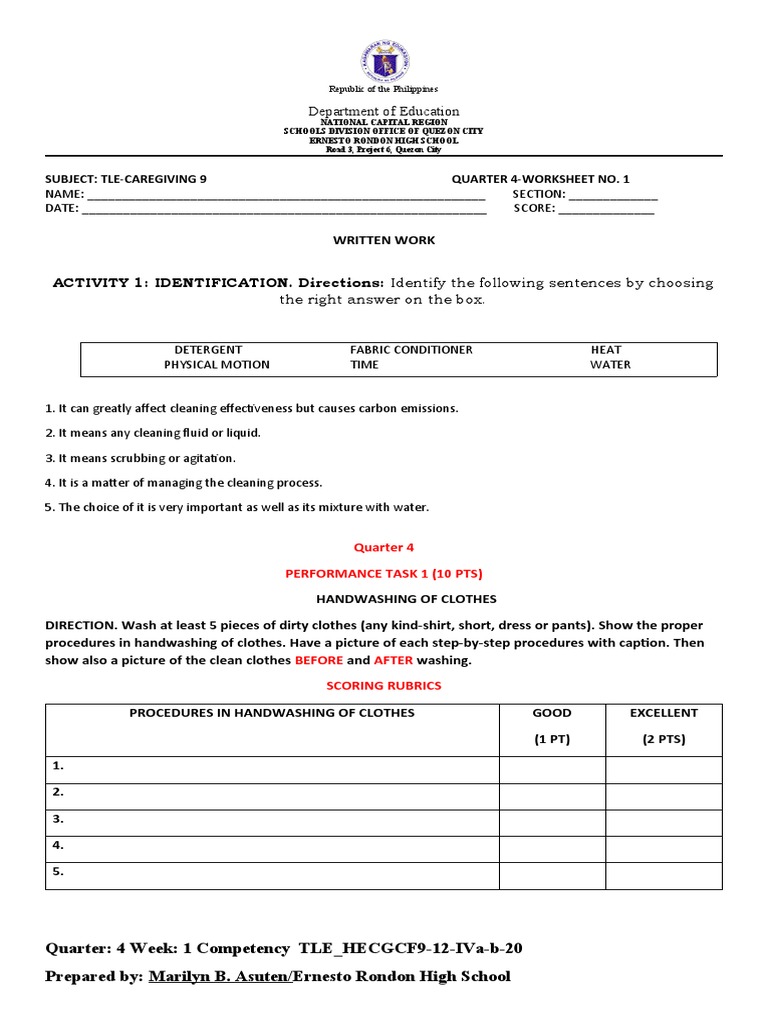 Handwashing Clothes TLE Worksheet | PDF | Hand Washing | Chemistry