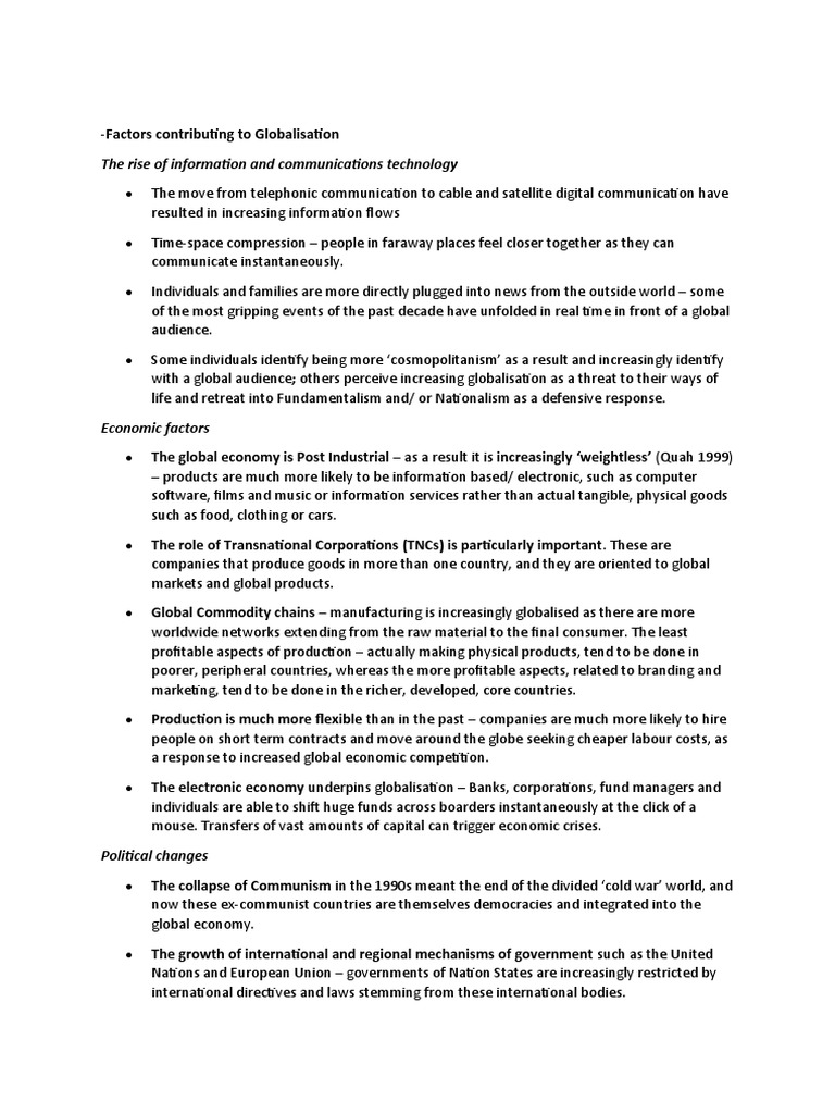 Factors Contributing To Globalisation | PDF | Globalization | Trade