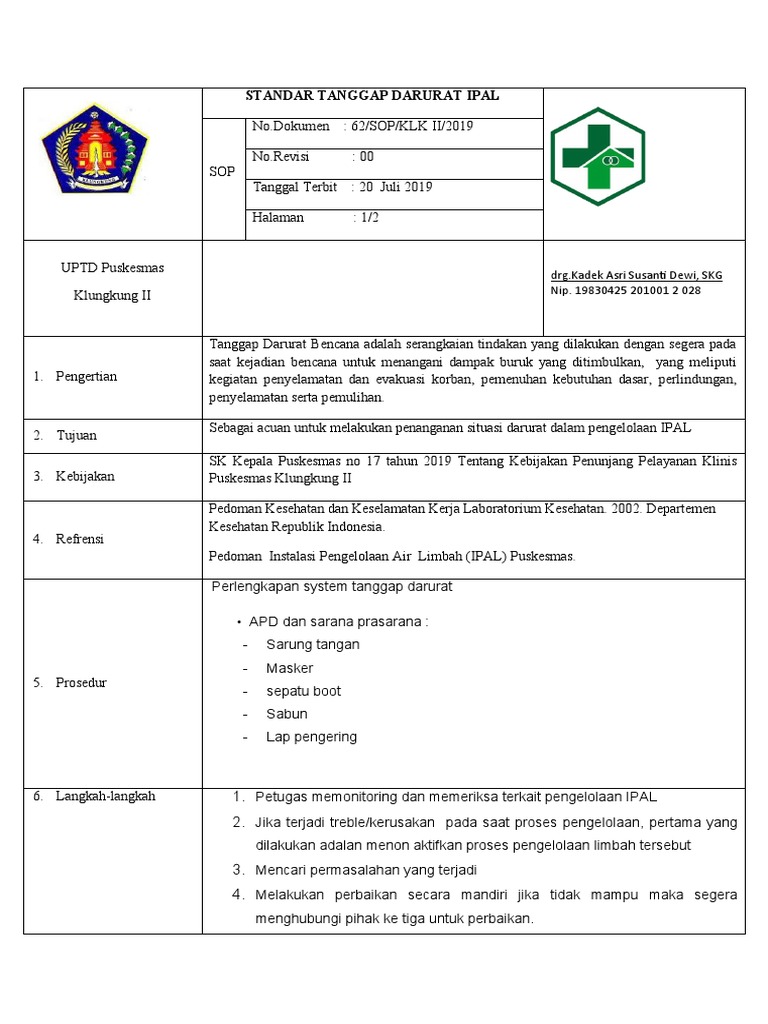 STANDAR OPERASIONAL PROSEDUR IPAL (SPO) Tanggap darurat Ipal .. | PDF