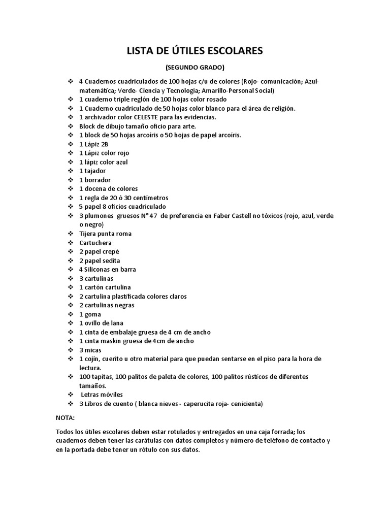 Lista de Útiles Escolares | PDF