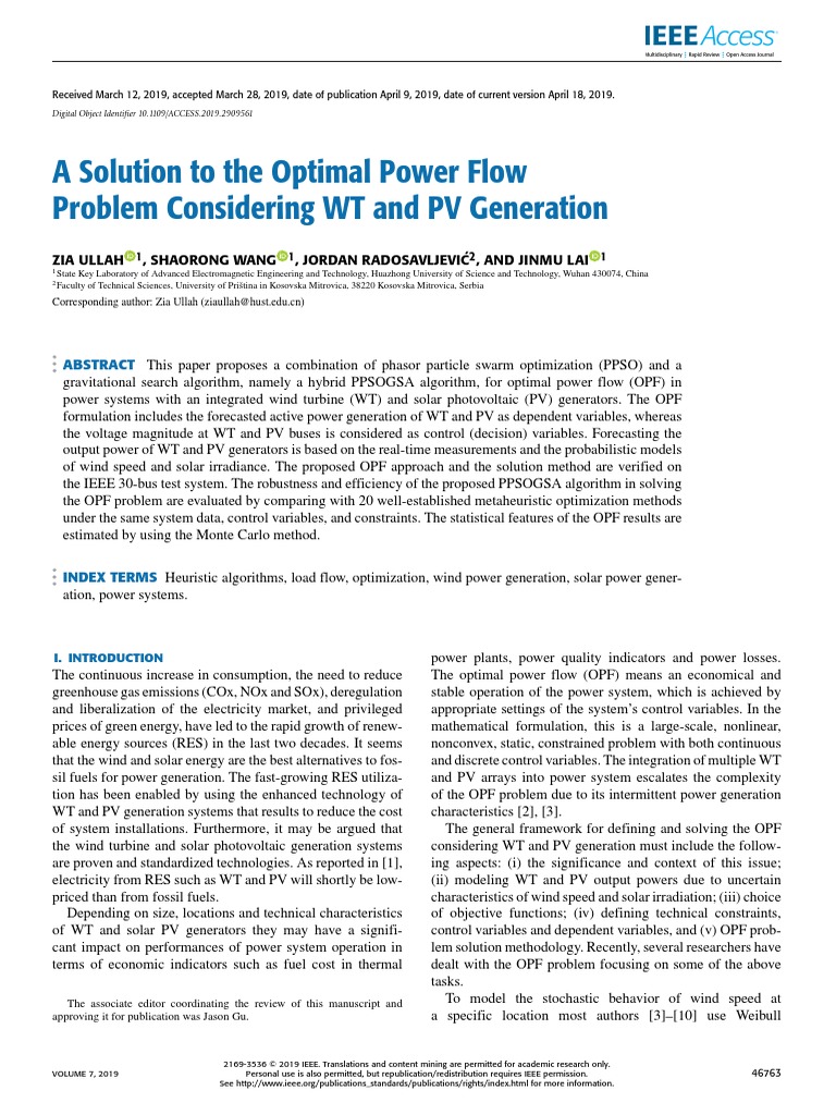 A Solution To The Optimal Power Flow Problem Considering WT and PV ... A Solution To The Optimal Power Flow Problem Considering WT and PV ...
