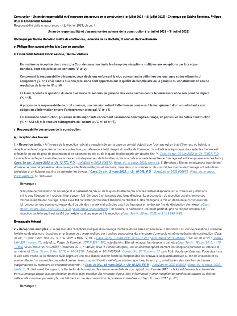 Un An de Responsabilité Et D'assurance Des Acteurs de La Construction ...