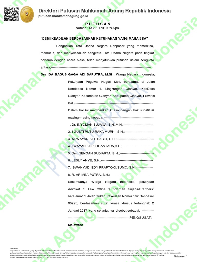 Putusan 1 G 2017 Ptun - Dps 20221030185045 PDF | PDF