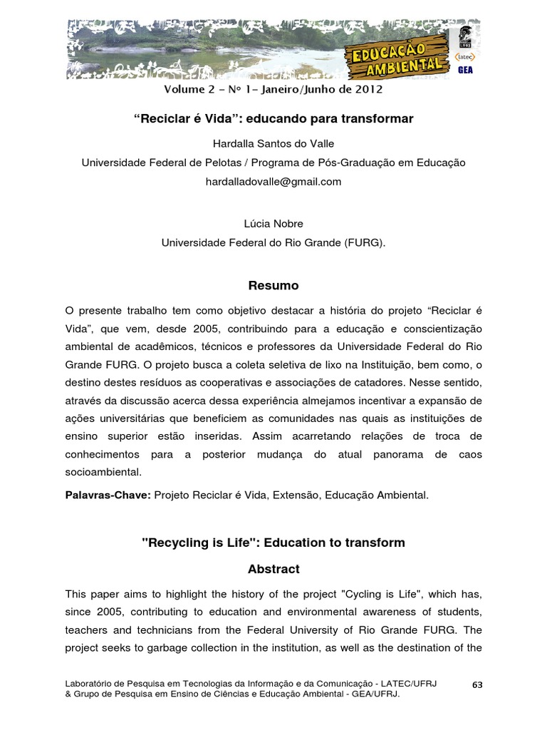 Reciclar Vida Educando para Transformar PDF | PDF | Sociologia | Sociedade