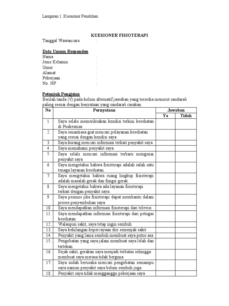 Kuesioner Pengetahuan FT | PDF