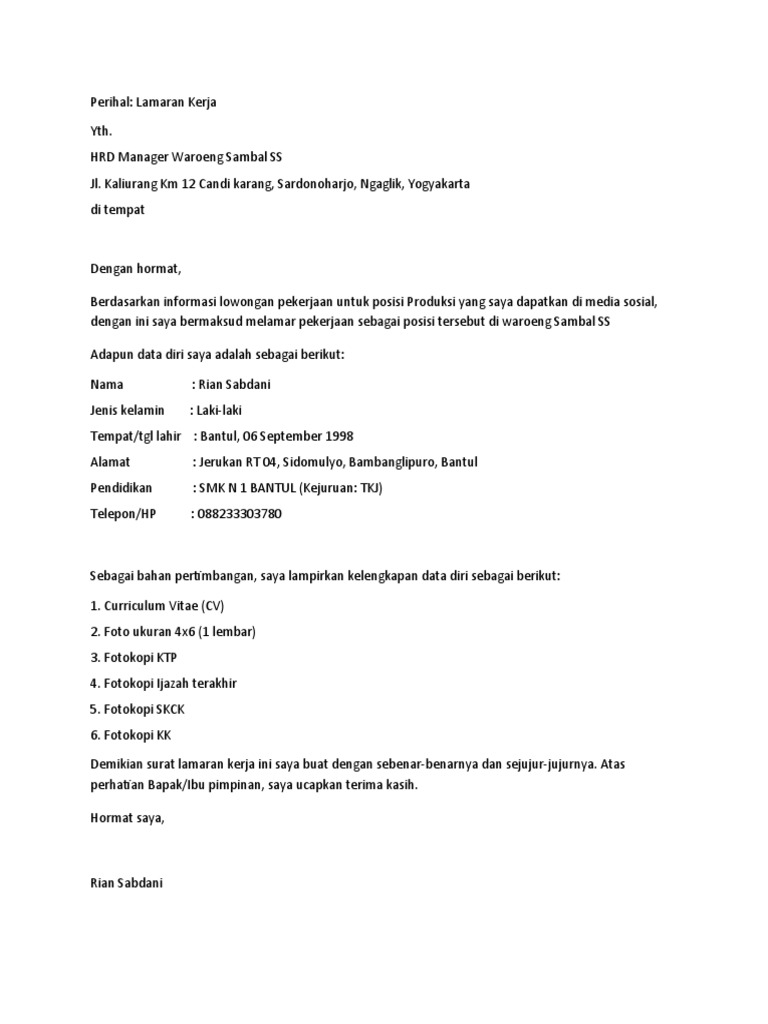 Lamaran Kerja Crew Kfc Pdf