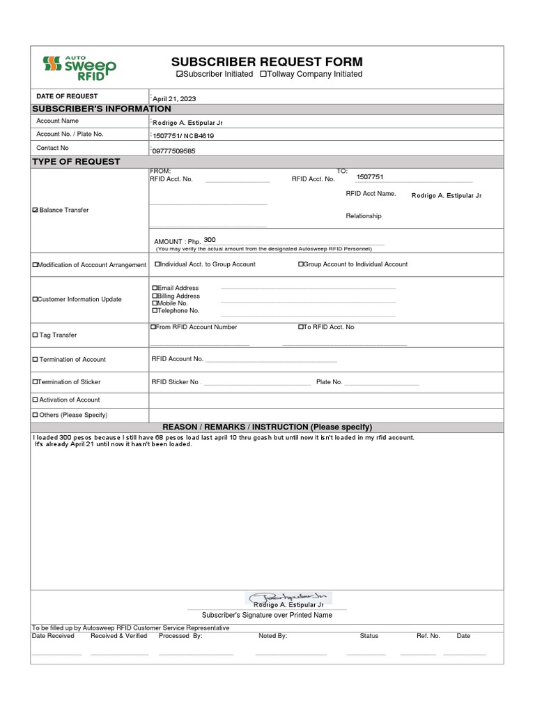 Subscriber Request Form 2019 PDF | PDF | Radio Frequency Identification | Computing