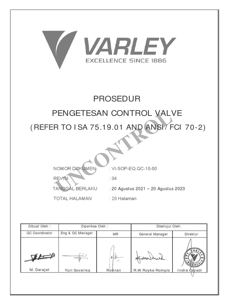 Vi-Sop-Eq - QC-10-00 Prosedur Pengetesan Control Valve Revisi 04 PDF | PDF