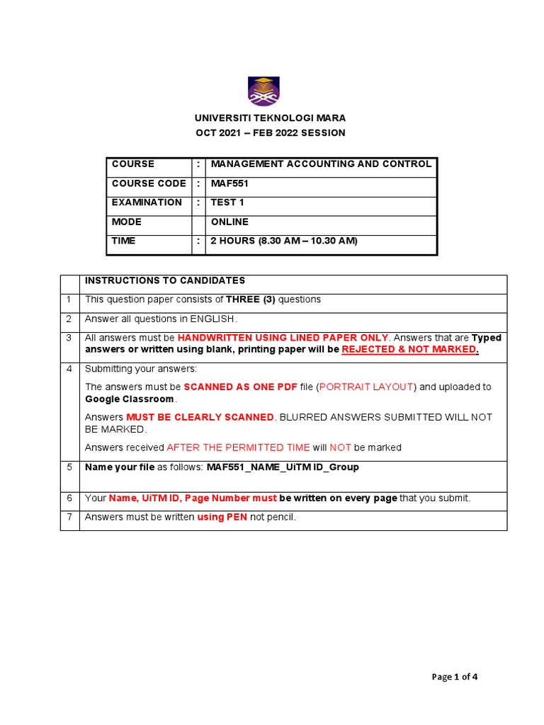 Maf551 Dec 2021 Test 1 | PDF