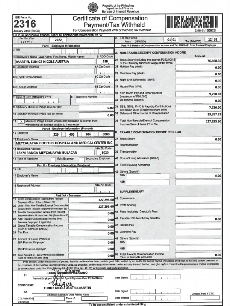 Bir Form 2316 PDF | PDF
