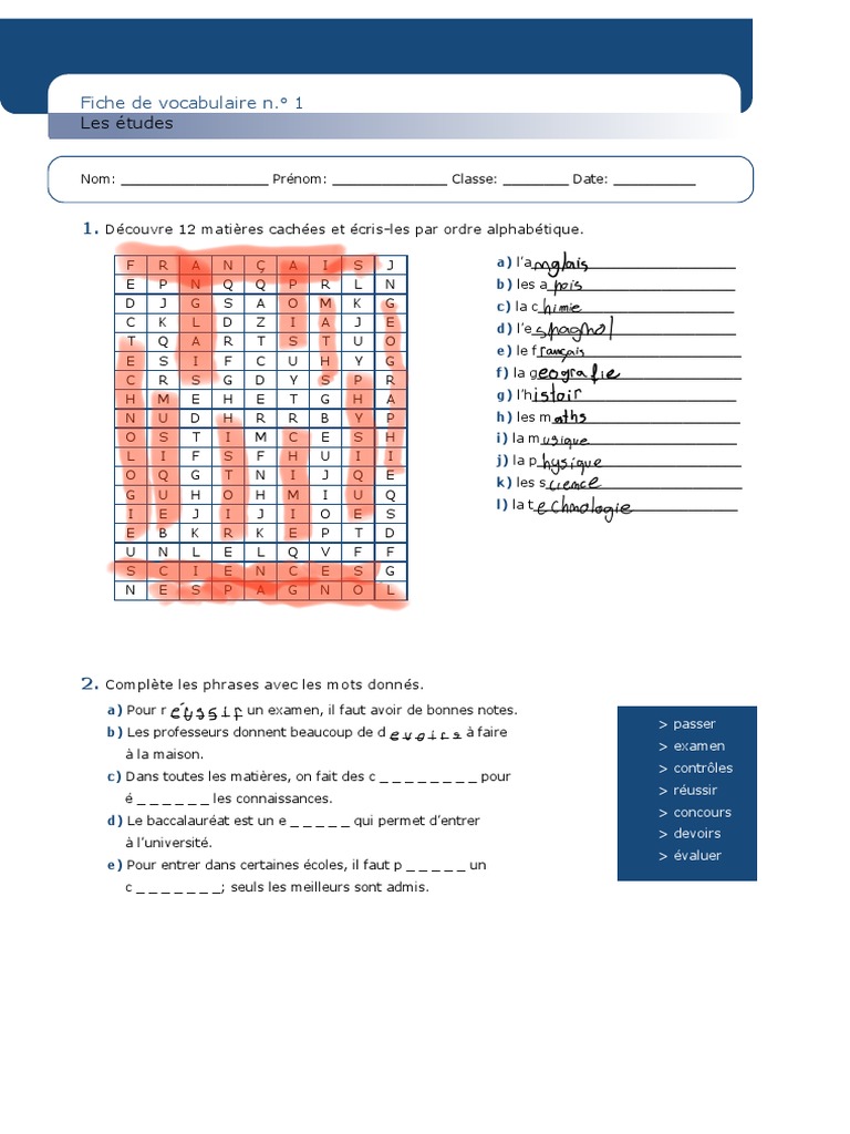 Vocabulaire des études et examens | PDF