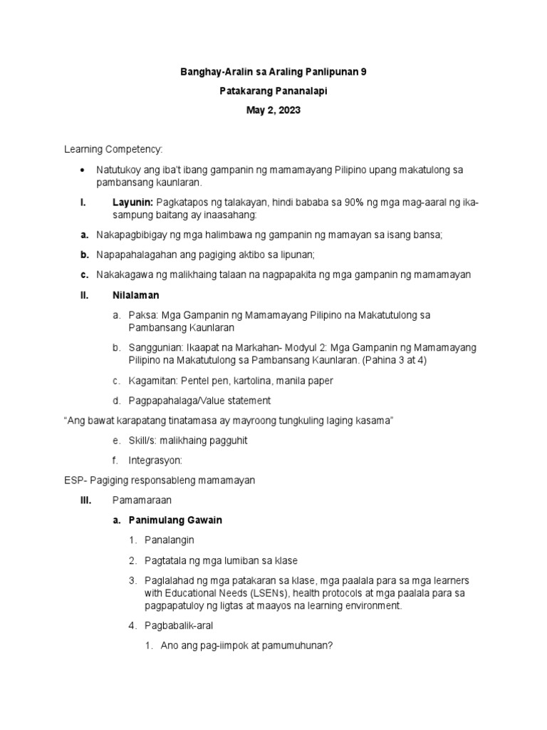 Banghay Aralin Module 2 - Gampanin NG Mga Mamamayang Pilipino | PDF