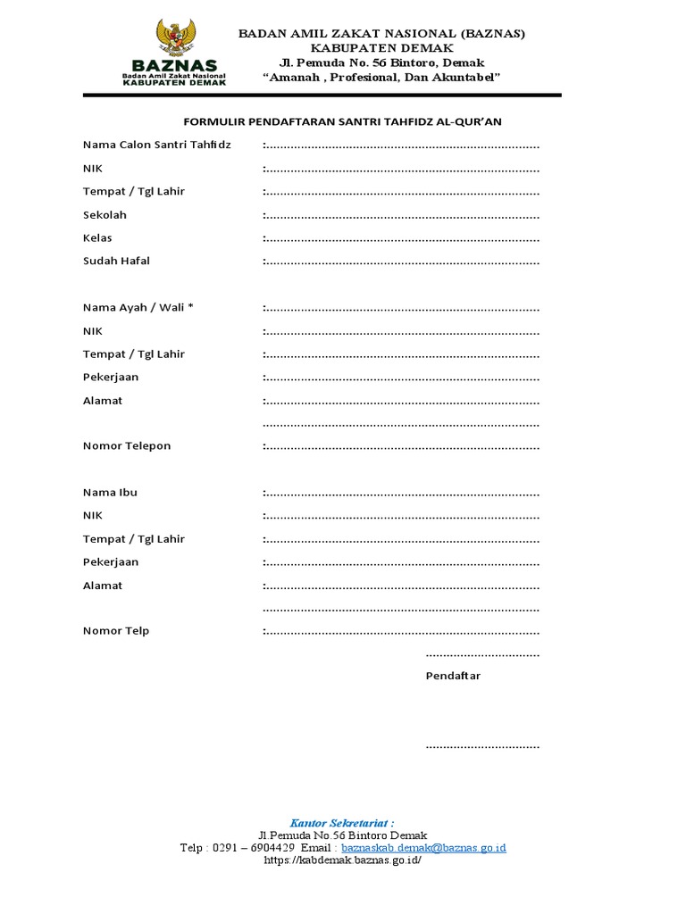 Pendaftaran Santri Tahfidz BAZNAS Demak | PDF