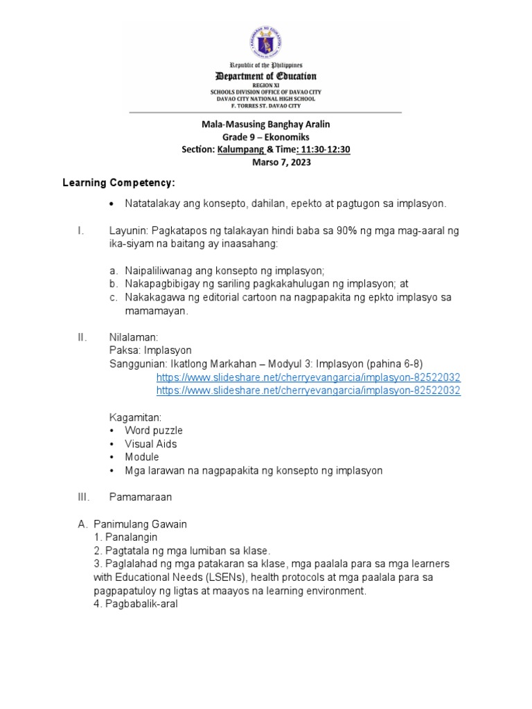 Banghay Aralin Module 3 - Implasyon | PDF