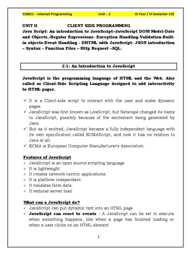 CS8651 - IP - Notes - Unit 2 | PDF | Document Object Model | Dynamic ...