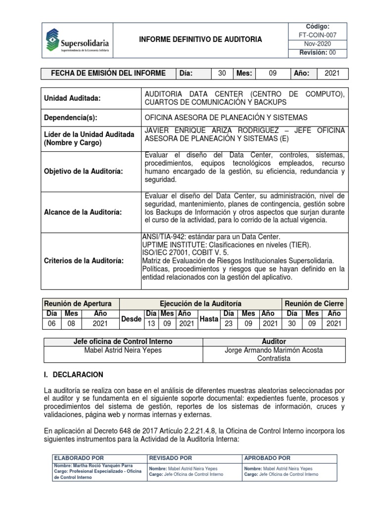 Ftcoin007 Informe Auditoria Data Center - Publicar 0 | PDF | Auditoría ...