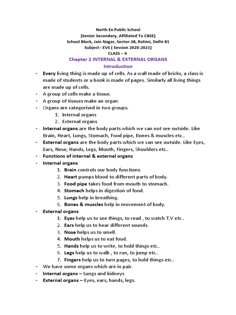EVS CLASS 2 Chapter 2 INTERNAL EXTERNAL ORGANS | PDF