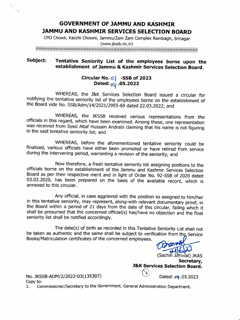 JKSSB Tentative Seniority List 2023 | PDF