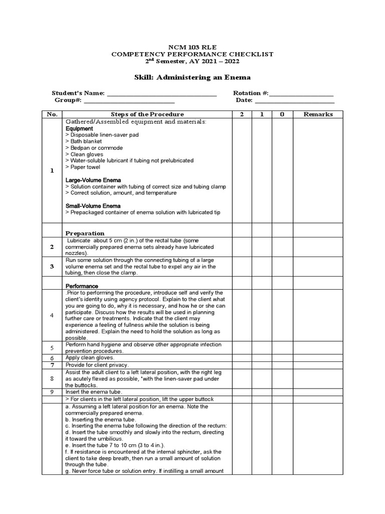 Administering an Enema_Checklist.docx | PDF | Rectum | Toilet