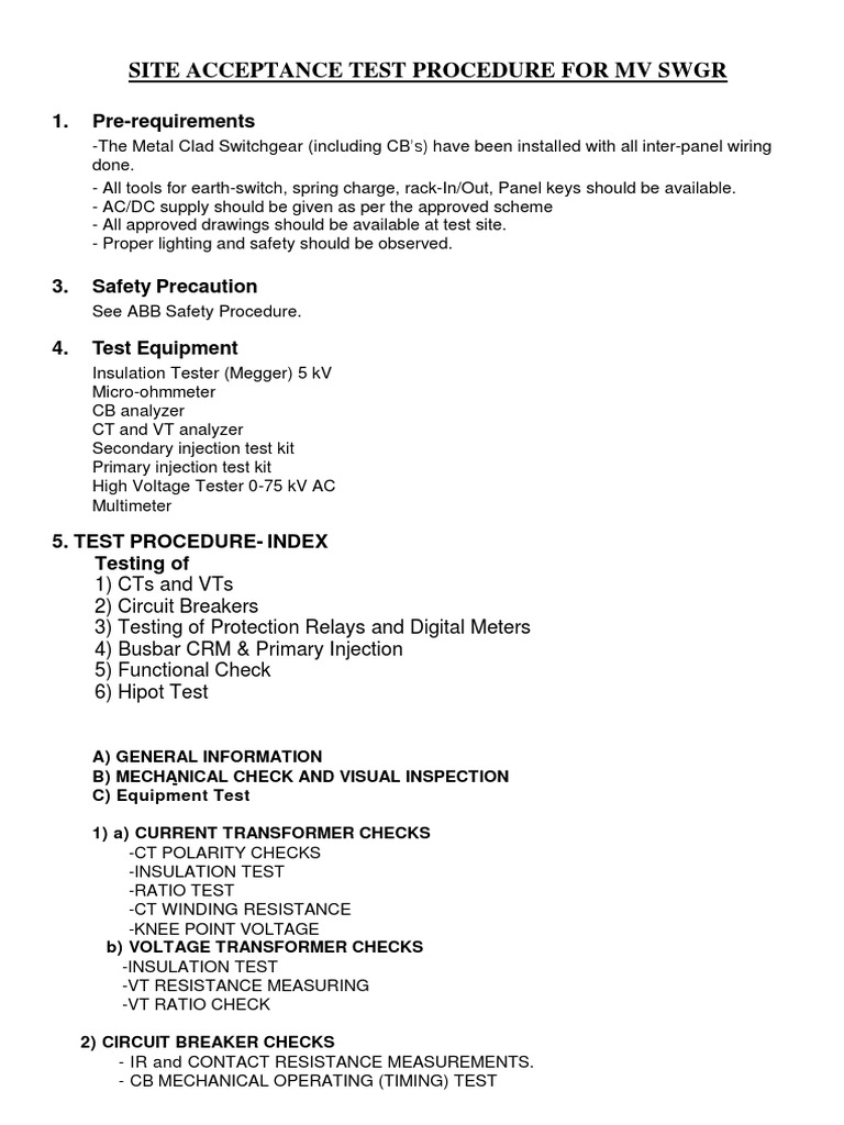 Sat Procedure For MV SWGR Panels PDF | PDF | Physical Quantities ...