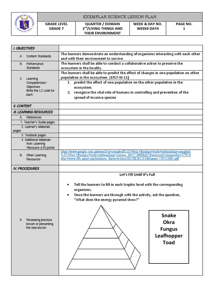 Exemplar Science Lesson Plan | PDF | Invasive Species | Learning