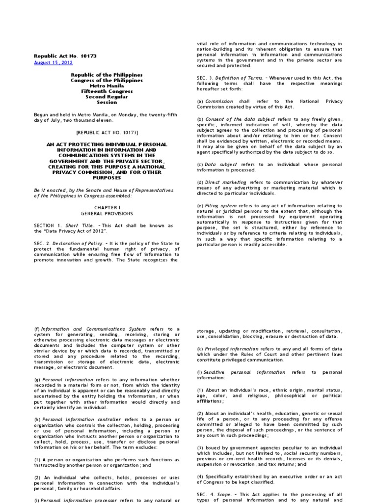 Ra 10173 Data Privacy Act | PDF | Computer Security | Security