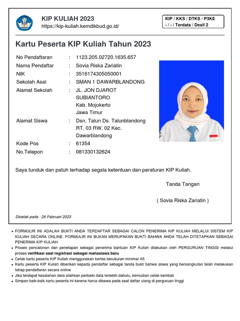 Kartu Peserta KIP Kuliah 2023 PDF | PDF