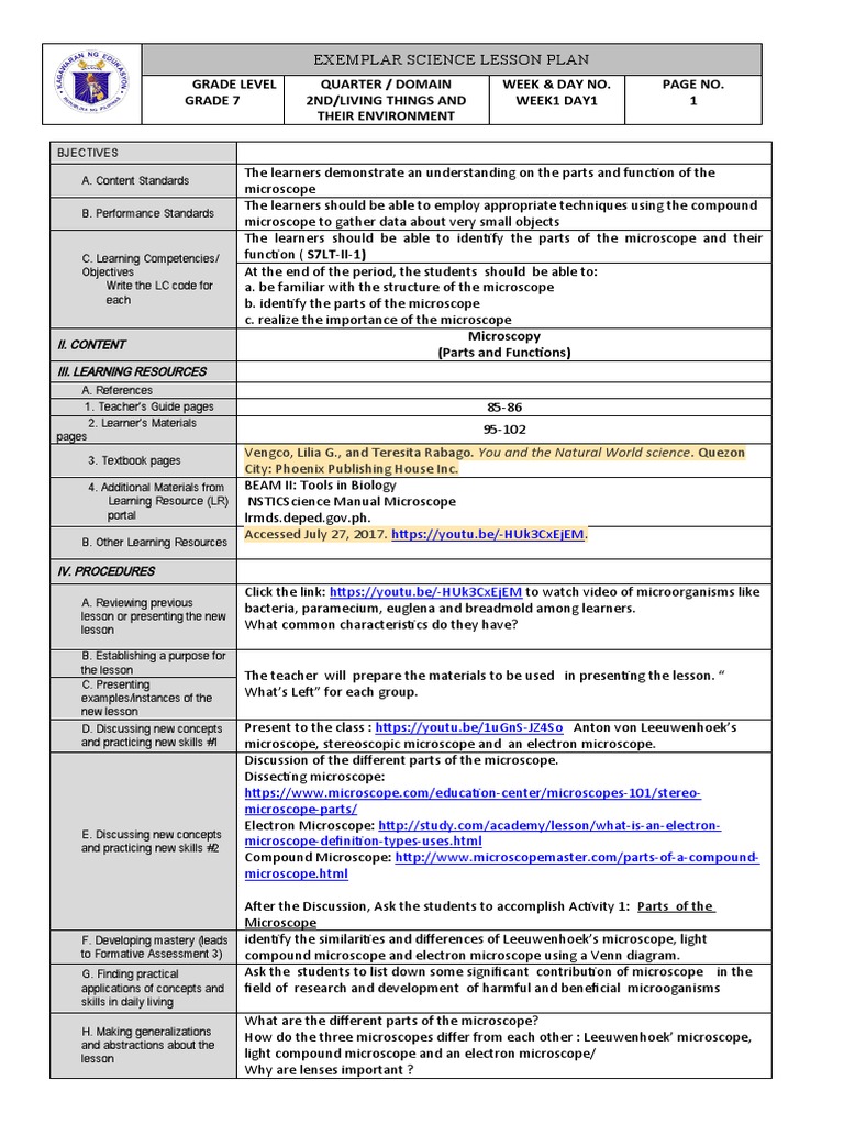 Exemplar Science Lesson Plan | PDF | Microscope | Learning