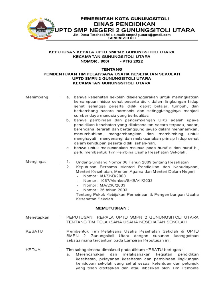 Contoh SK Tim Pembina Uks Lembaga | PDF