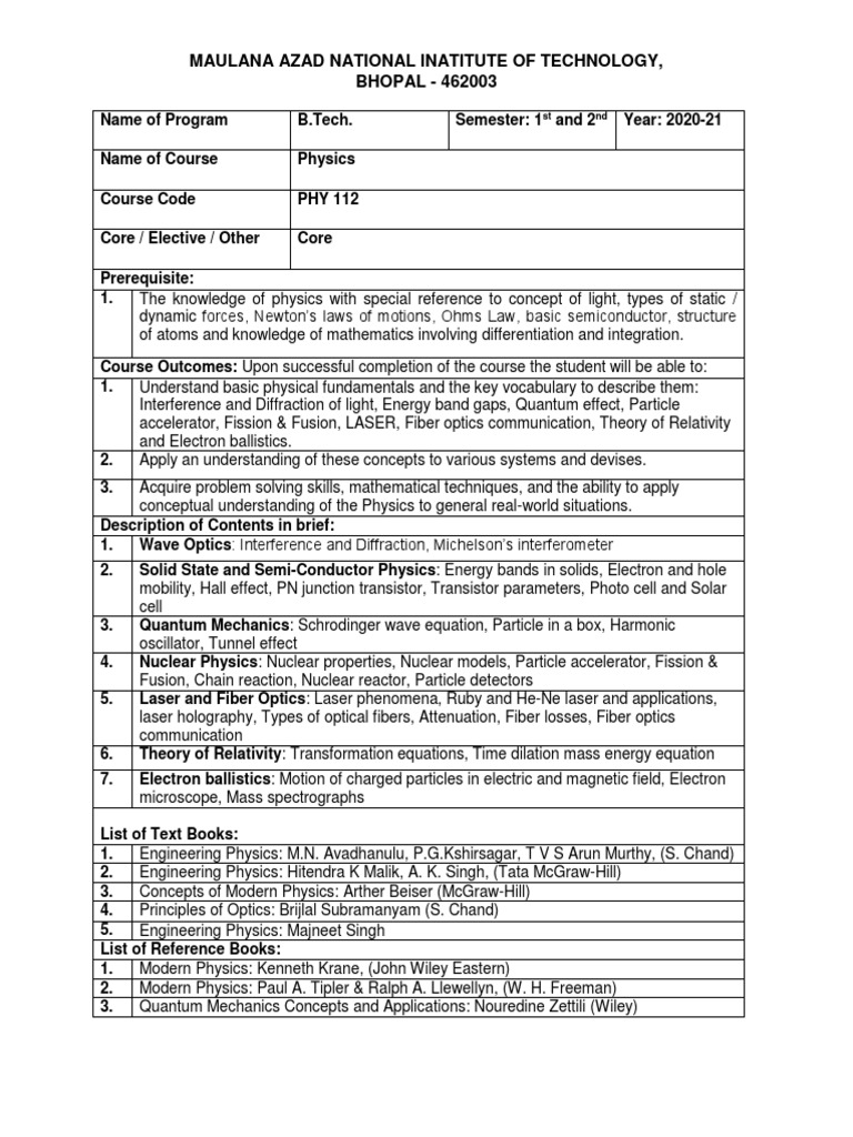 B. Tech. PHY-112 Syllabus | PDF