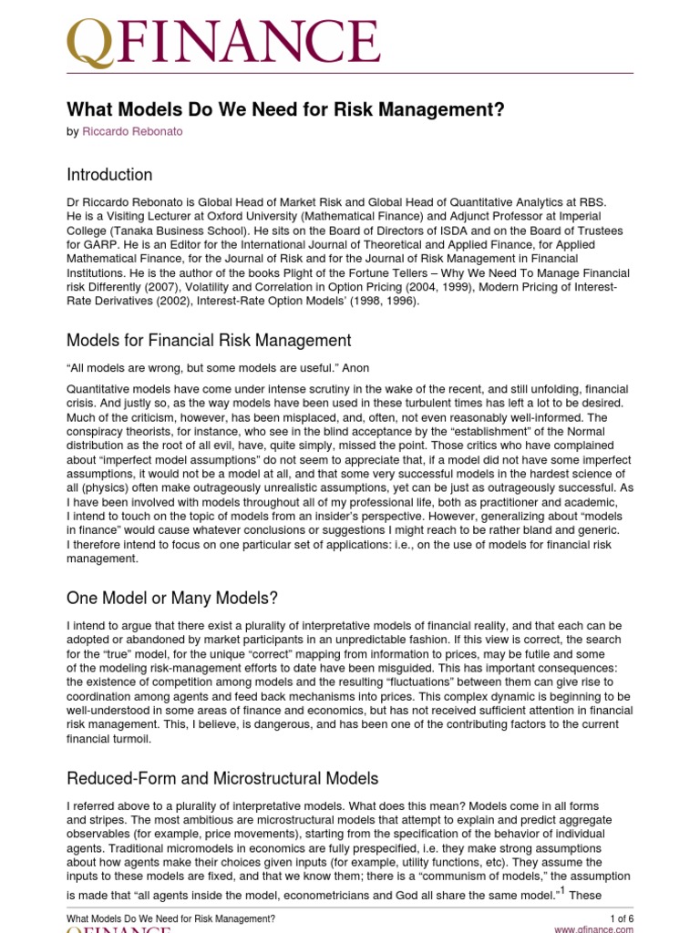 What Models Do We Need For Risk Management | PDF | Economic Model ...