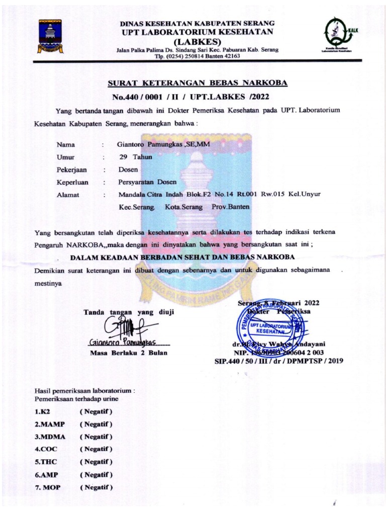 Surat Keterangan Bebas Narkoba | PDF