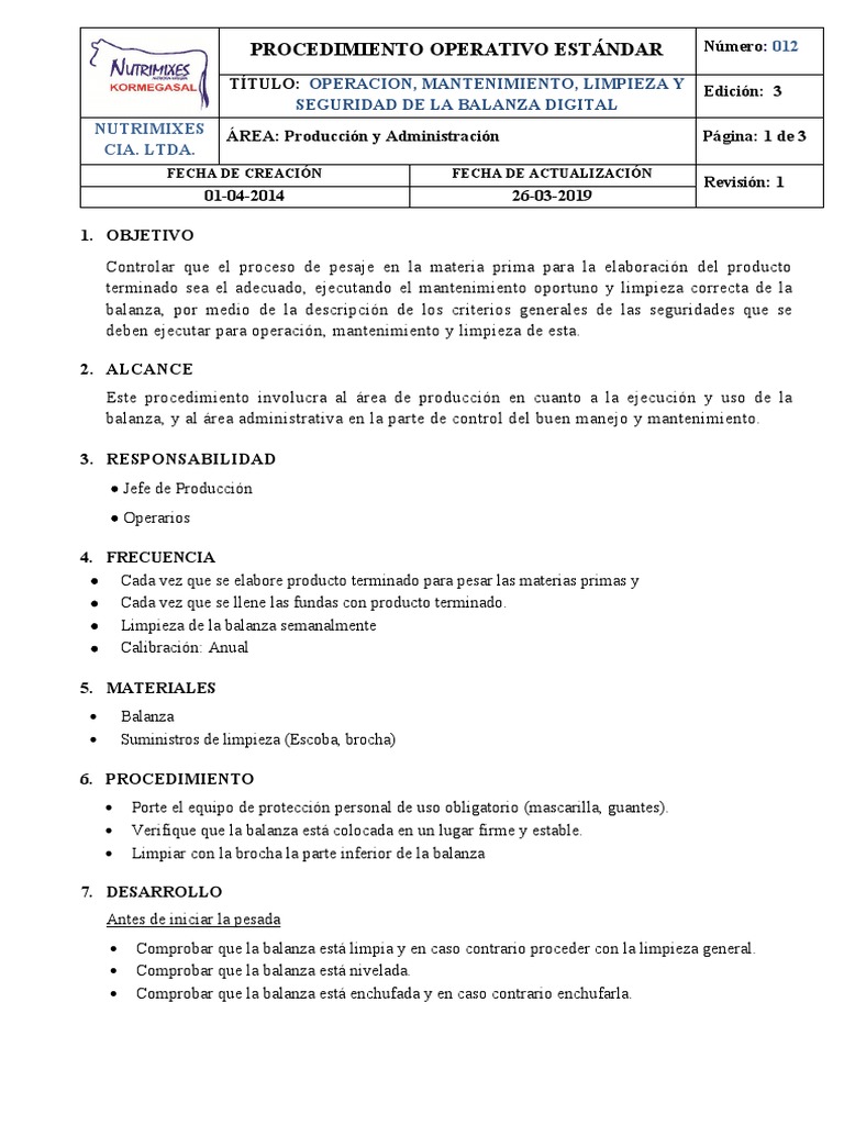 Poe 012 - Limpieza y Operacion de La Balanza | PDF | Calibración