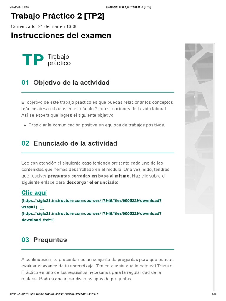 Examen - Trabajo Práctico 2 (TP2) 90% Grupo y Liderazgo Siglo 21 | PDF