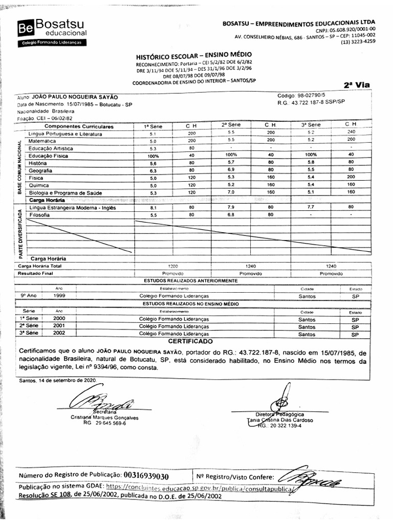 Histórico Escolar Ensino Médio e Certificado | PDF