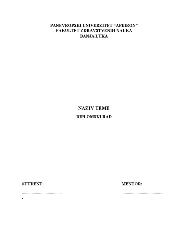 Primjer Naslovne Strane Za Diplomski Rad | PDF