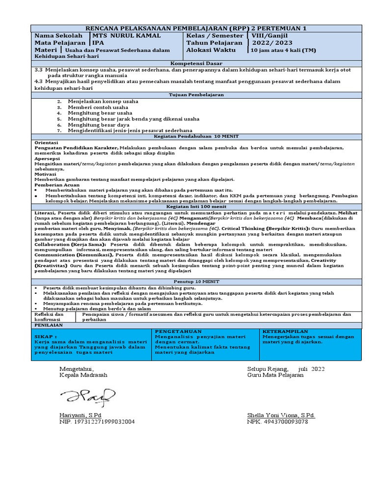 10 RPP 2 Usaha Dan Pesawat Sederhana Dalam Kehidupan Sehari Hari | PDF