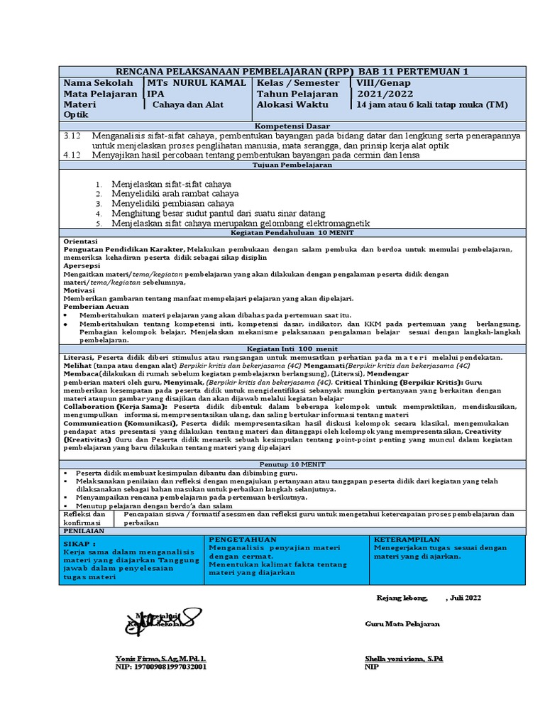 RPP 11 Cahaya Dan Alat Optik | PDF