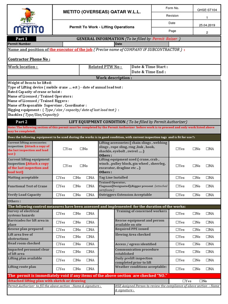 QHSE-ST104 R1- Permit To Work - Lifting Operations | PDF