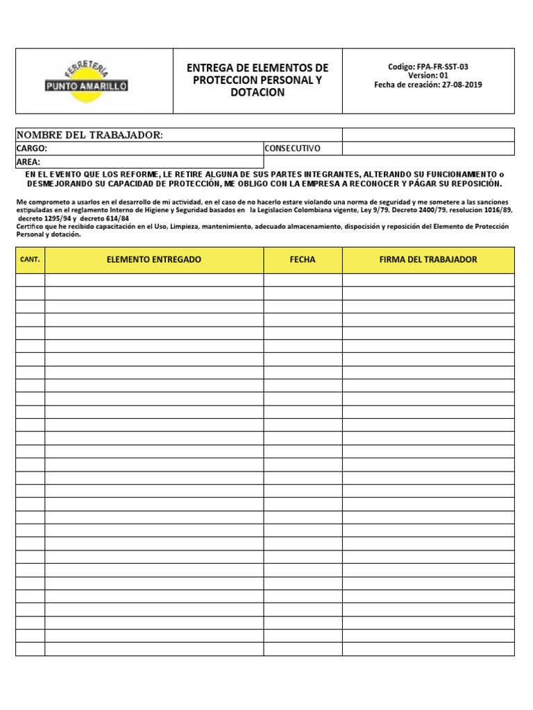 FPA-FR-SST-03 Formato Entrega de Elementos de Proteccion Personal | PDF