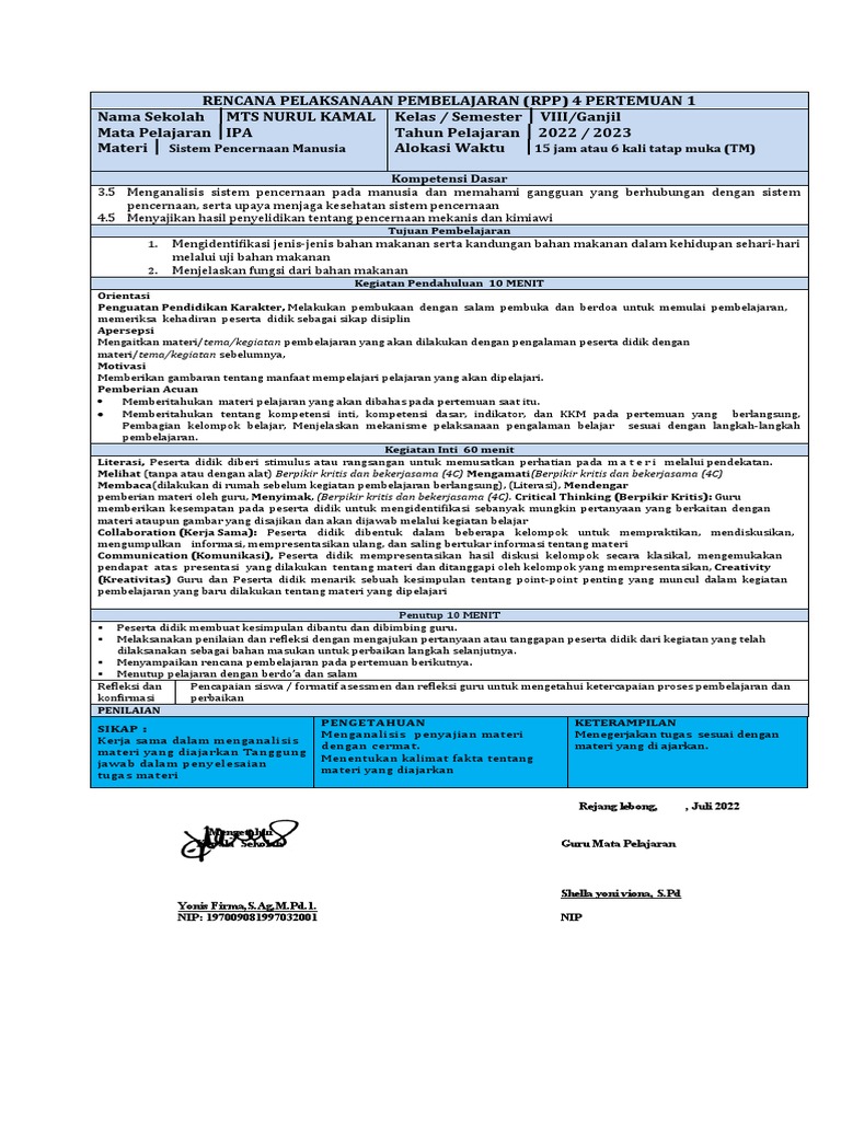 RPP 4 Sistem Pencernaan Manusia | PDF