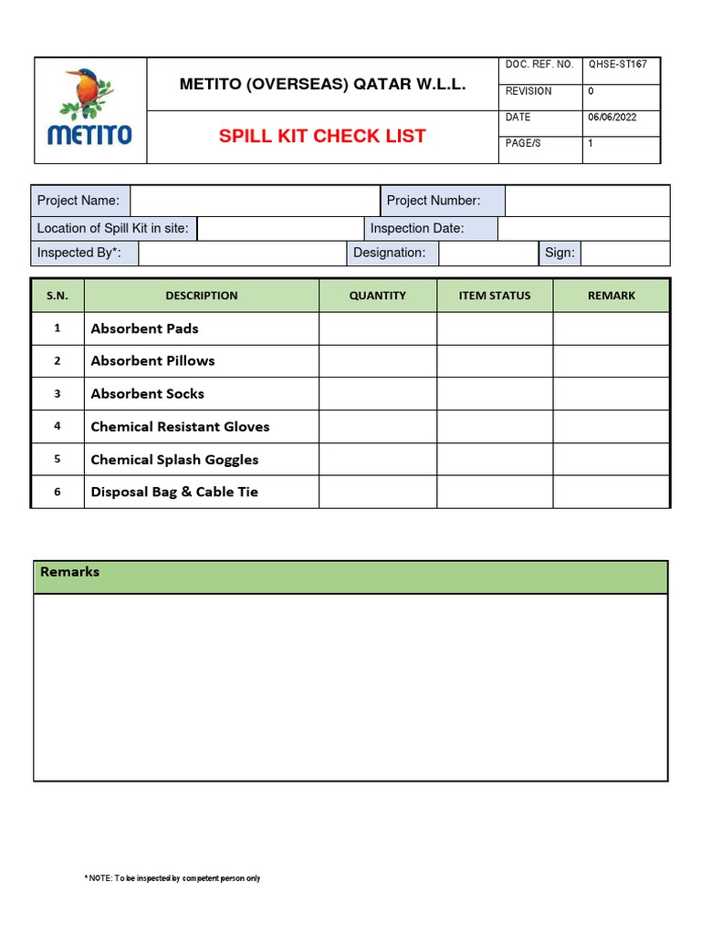 167-QHSE-ST167 QHSE-Oil Spill Kit Inspection Checklist | PDF