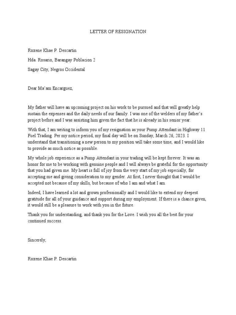 Resignation Letter from Pump Attendant | PDF