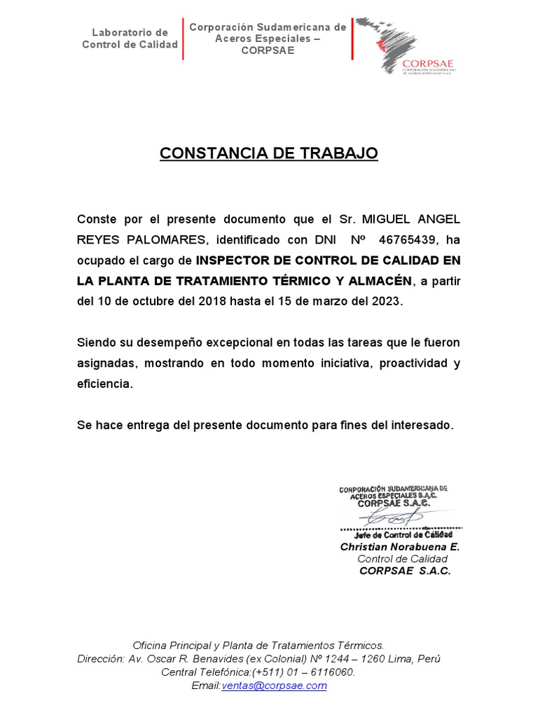 Constancia de Trabajo - Ejemplo | PDF