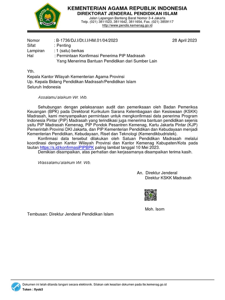 Surat Permohonan Konfirmasi Temuan BPK - PIP Madrasah 2022 PDF | PDF