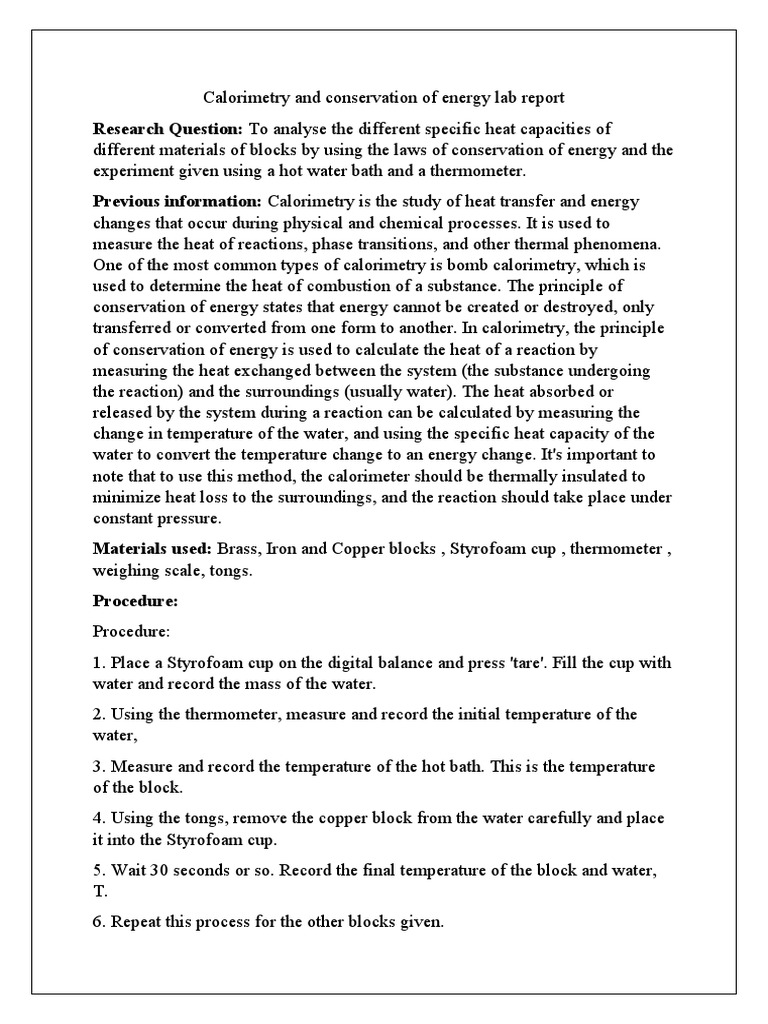 Calorimetry and Conservation of Energy Lab Report | Download Free PDF ...