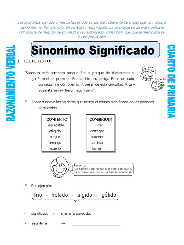 Ficha Sinonimo Significado para Cuarto de Primaria | PDF
