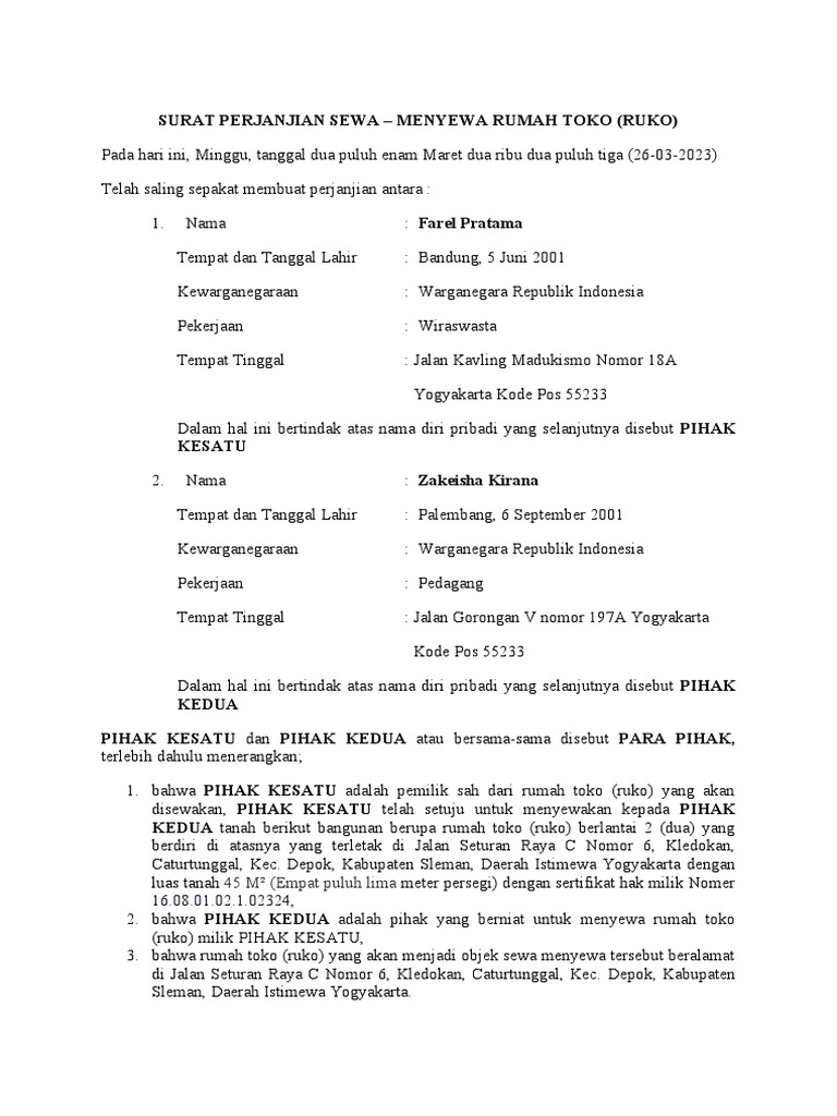 Surat Perjanjian Sewa - Menyewa Rumah Toko (Ruko) | PDF | Hukum