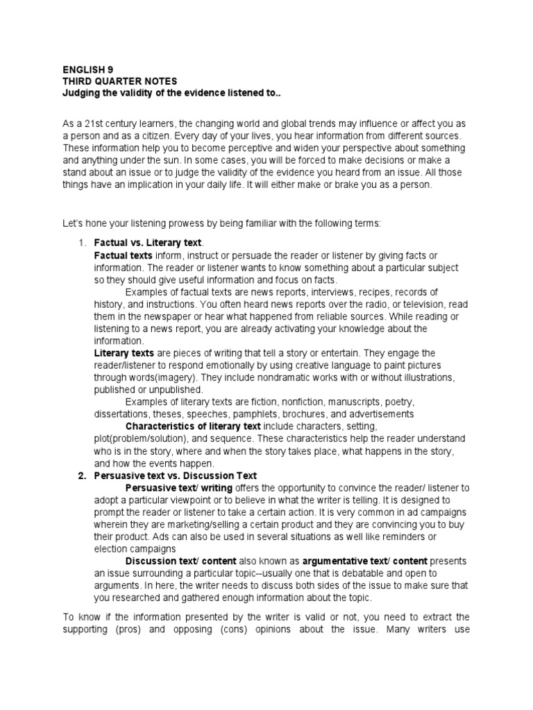 ENGLISH 9.Module 3 Notes(3rd Quarter) | PDF | Evidence | Truth